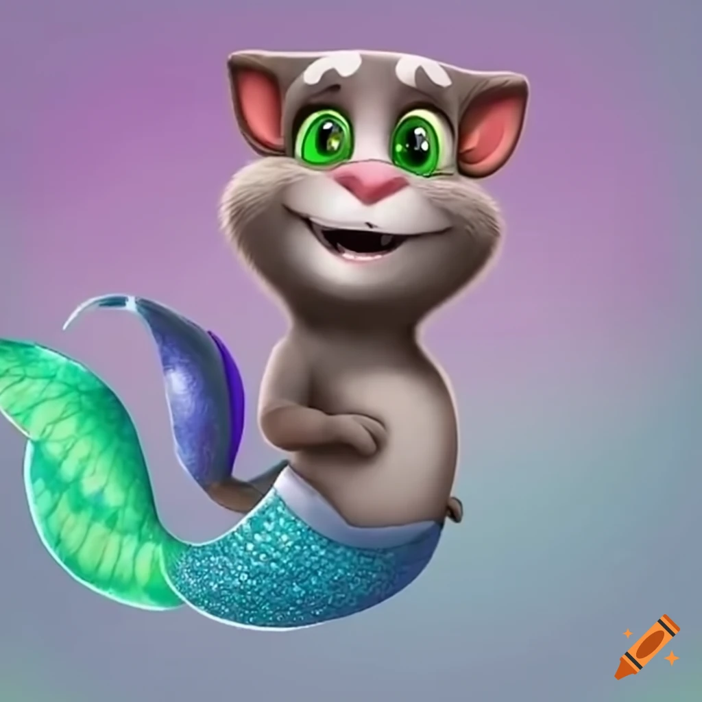 Funny cartoon of a talking tom transformed into a mermaid on Craiyon
