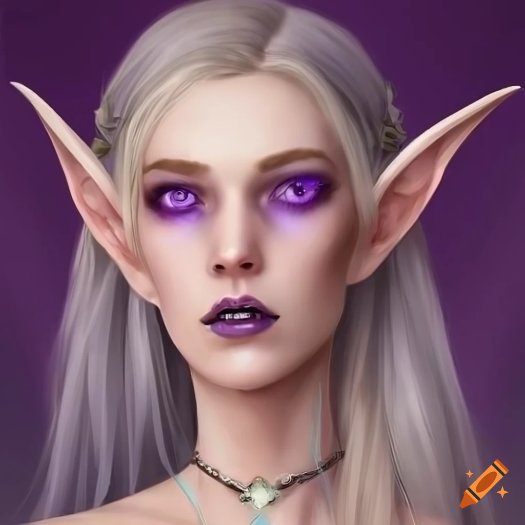 Feminine elf with flowing blond hair and purple eyes on Craiyon
