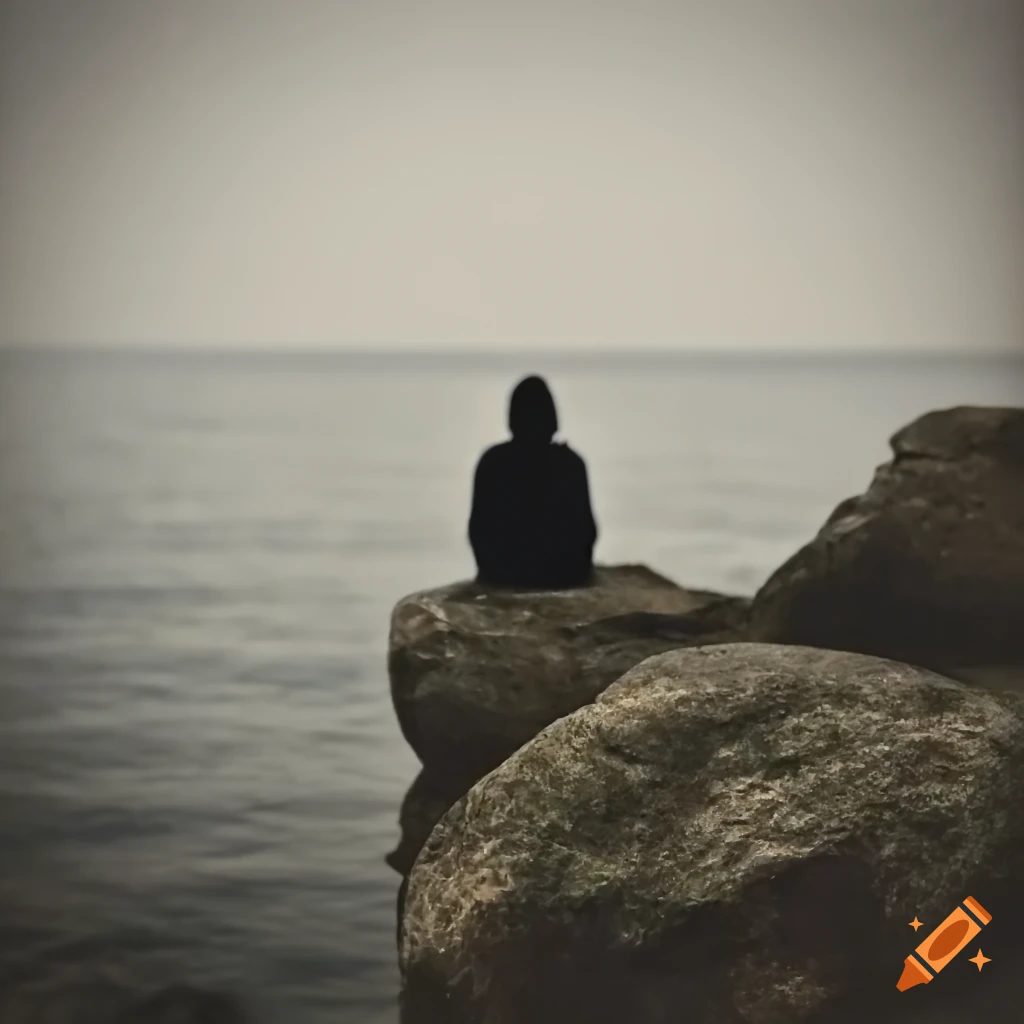 Solitary figure sitting on a rock with a sense of melancholy and ...