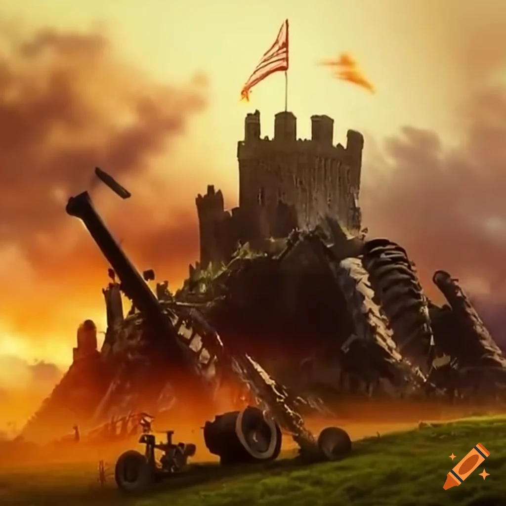 Modern farmers with tractors attacking a castle in the mountains with ...