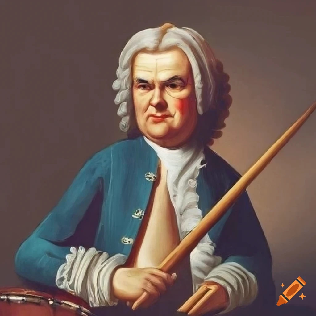 Portrait of j.s. bach playing the drum and various instruments on Craiyon