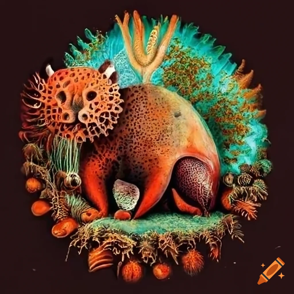 Haeckel cute animals in a volcanic earthscape on Craiyon