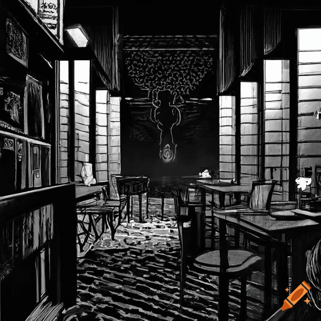 Black and white japanese manga style cafe with a single table and long ...