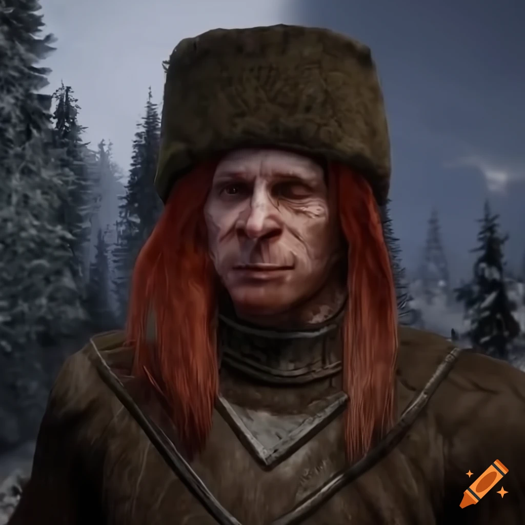 Pale white-skinned, red-haired elf man in a village with taiga forest ...