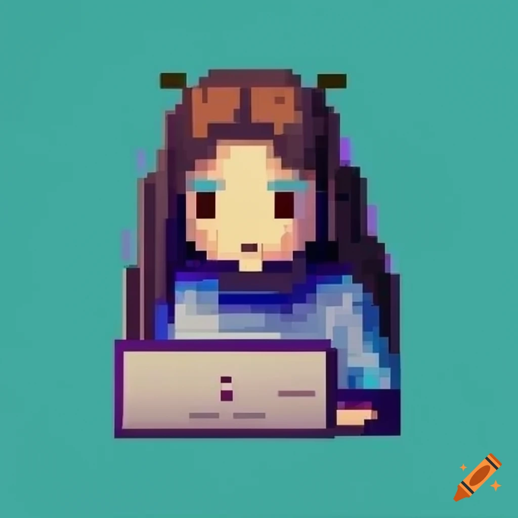 Abstract pixelated girl with a cute computer in muted Ghibli-inspired ...
