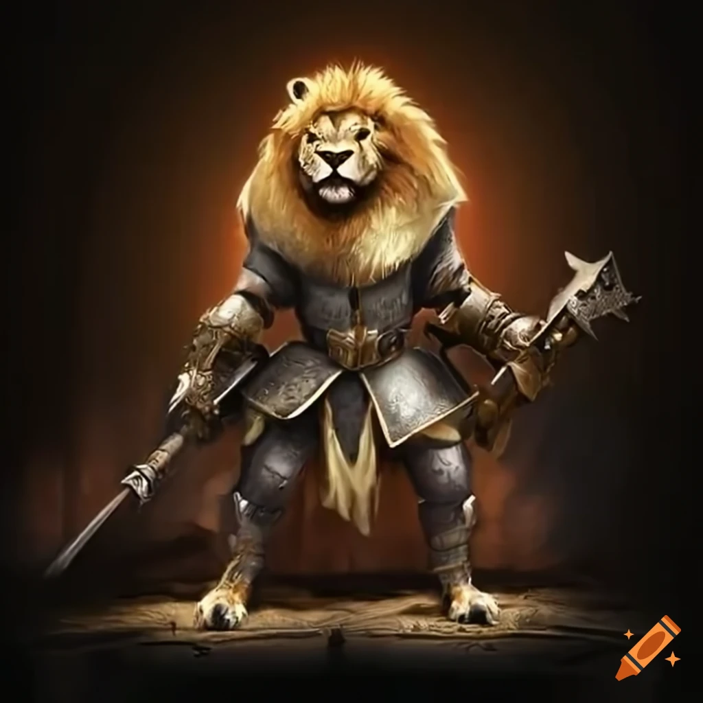 Anthropomorphic lion in tactical armor confronting a fierce enemy on ...
