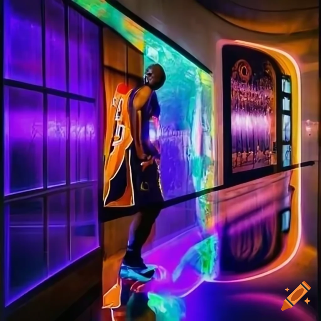 Kobe bryant at futuristic glass casino with colored led lights on Craiyon