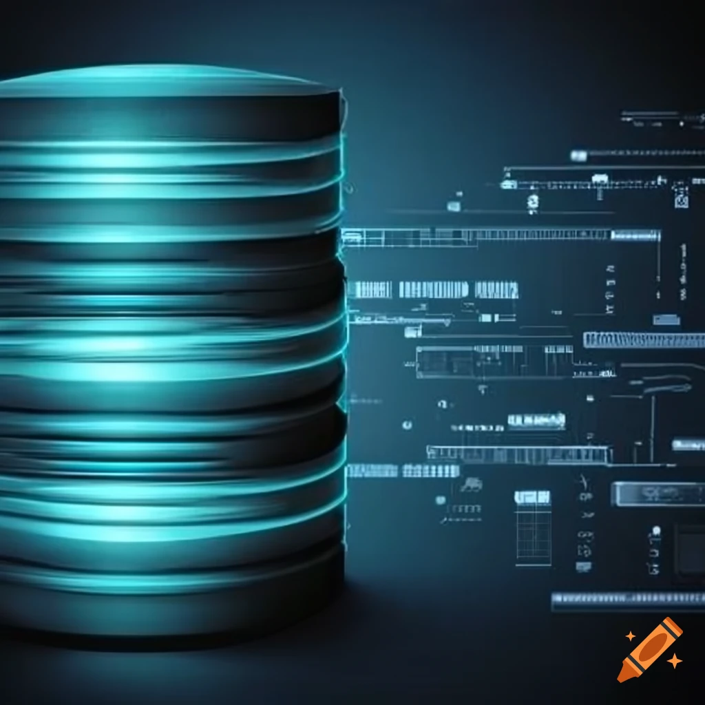 Database server surrounded by schematic data diagram on Craiyon