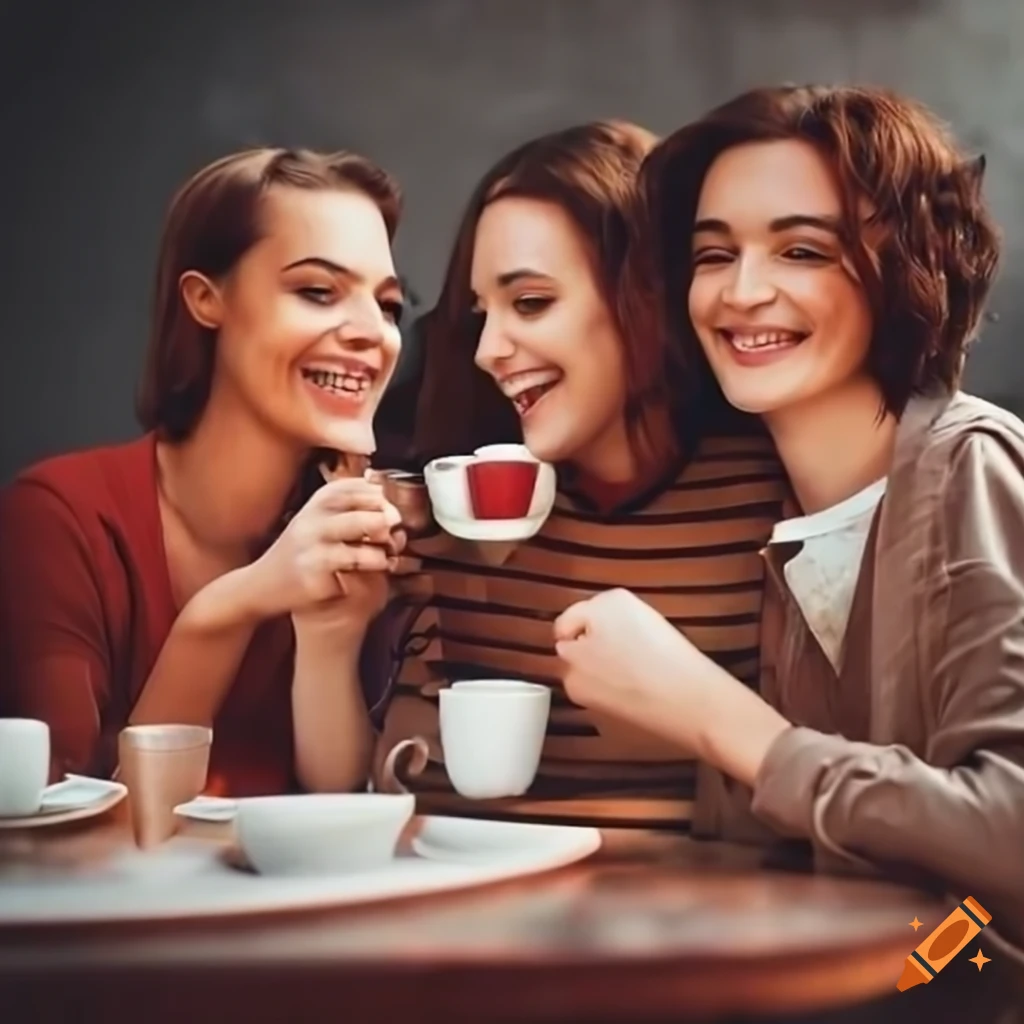 Four friends enjoying coffee at the cafe on Craiyon