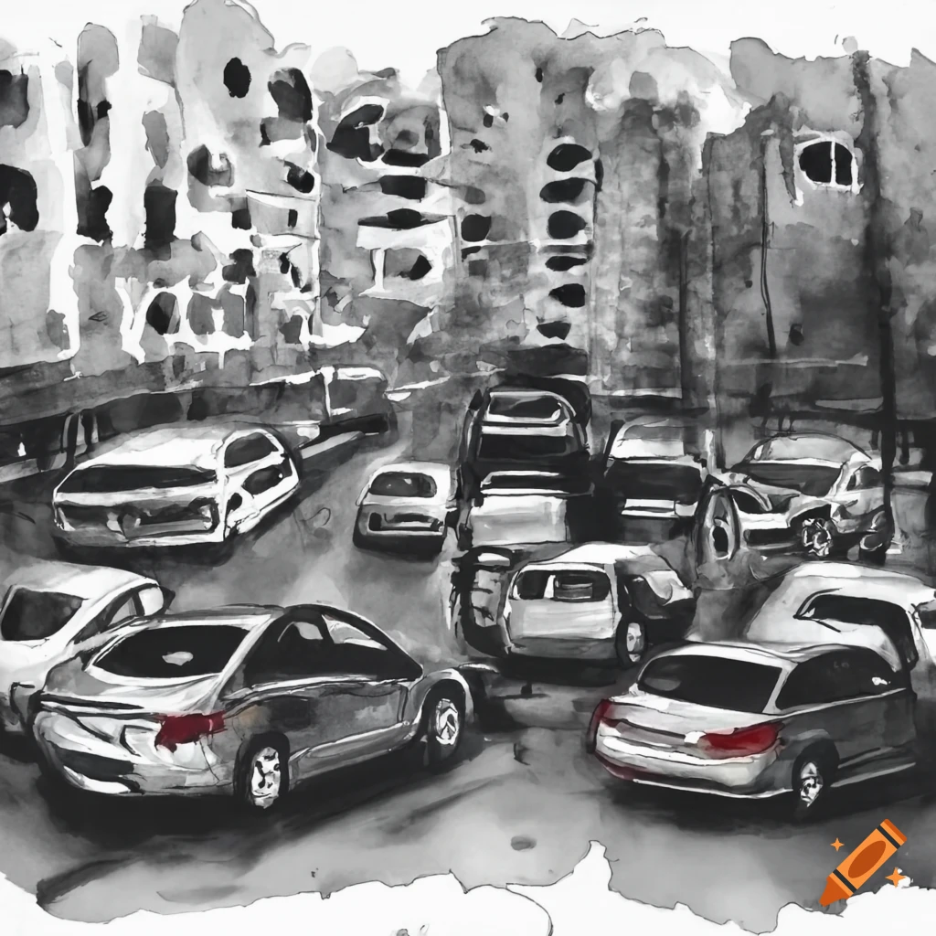 Charcoal drawing of a crowded parking lot on Craiyon