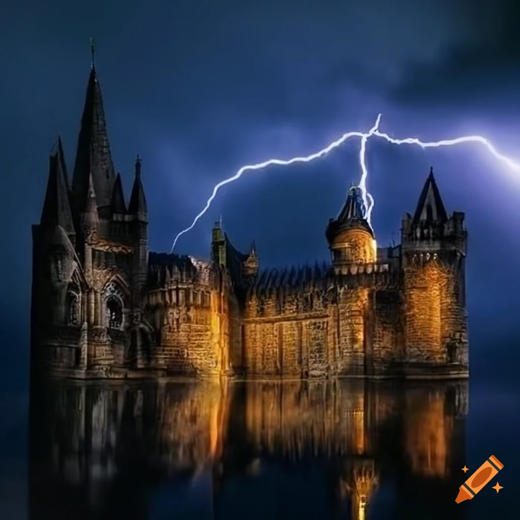 Gothic castle at night with lightning and fire coming out of its ...