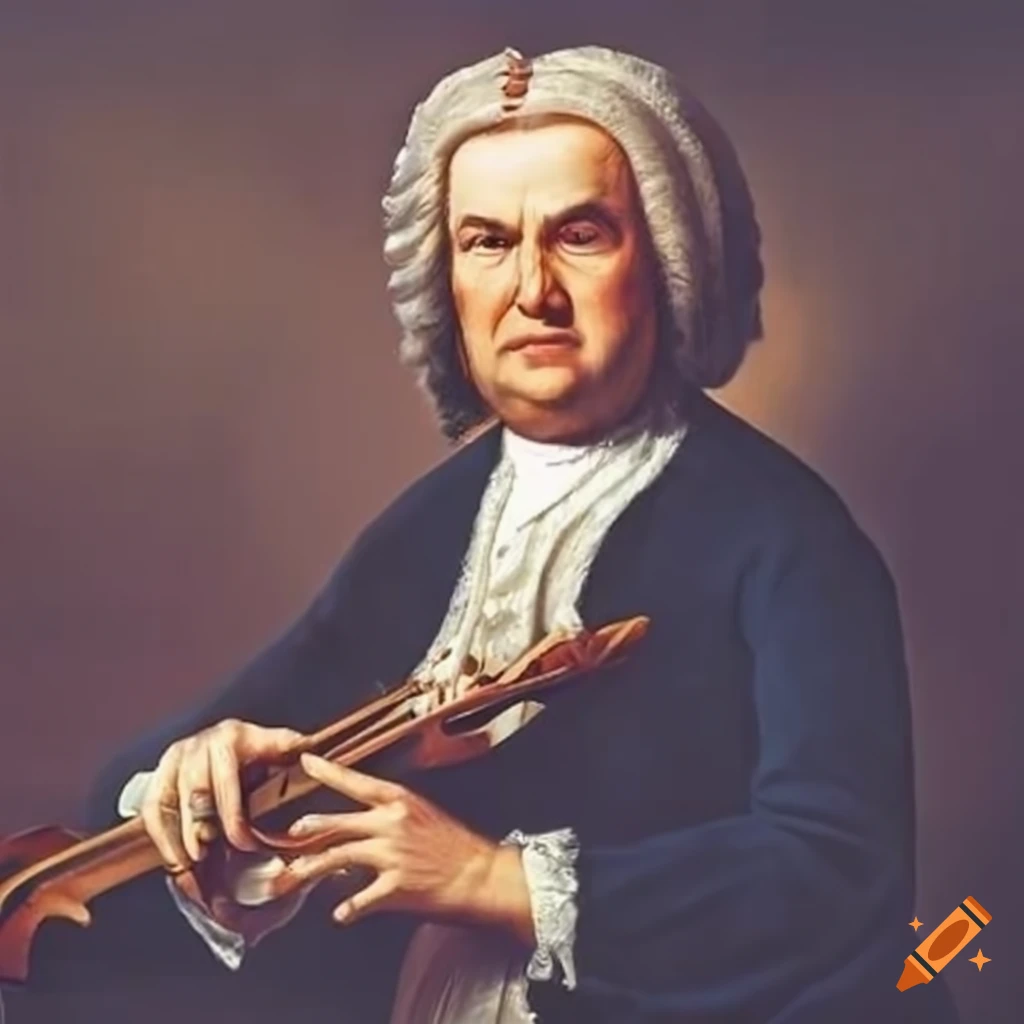 J.s.bach playing various instruments with skill and passion on Craiyon