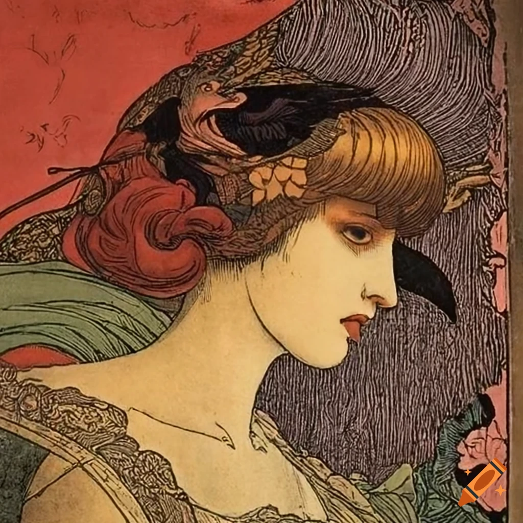 Jugendstil illustration of a sorcerer with a raven in Japanese ...
