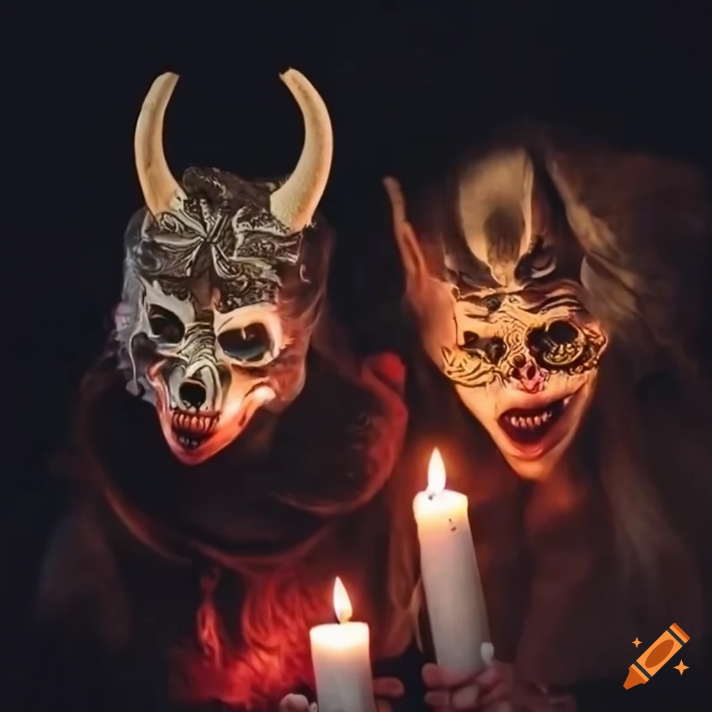 Two people in wolf and demon masks holding candles on Craiyon