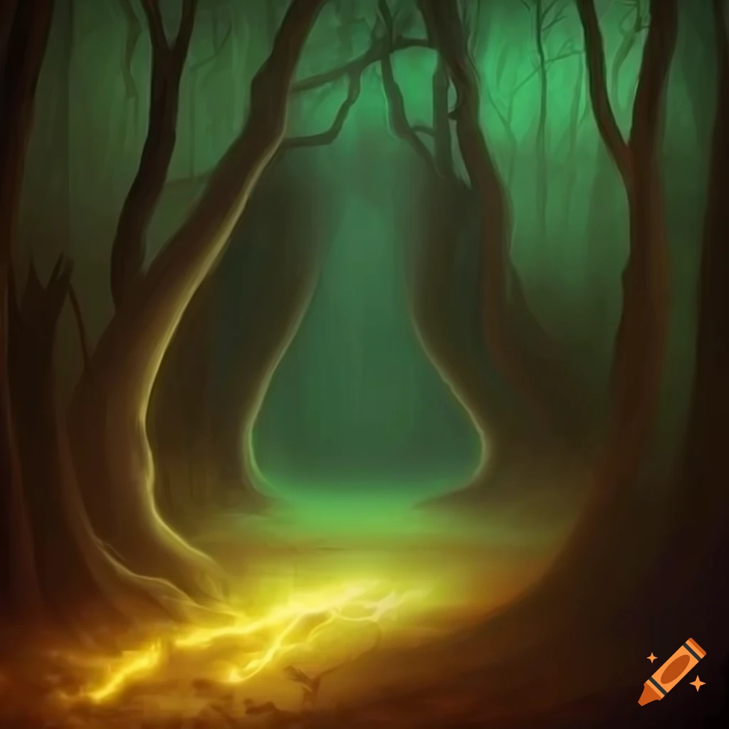 Glowing will-o'-the-wisp in an enchanted forest with silver and gold ...