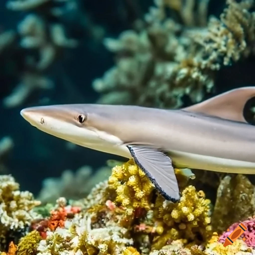 Miniature shark swimming among corals on Craiyon