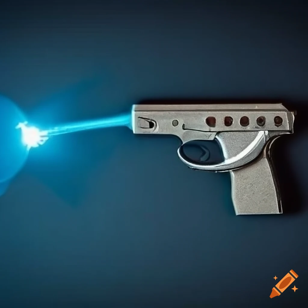 Retro-futuristic laser pistol with a small vial of liquid on Craiyon