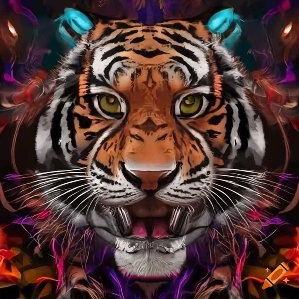 Tiger with headphones in colorful abstract music-themed background on ...
