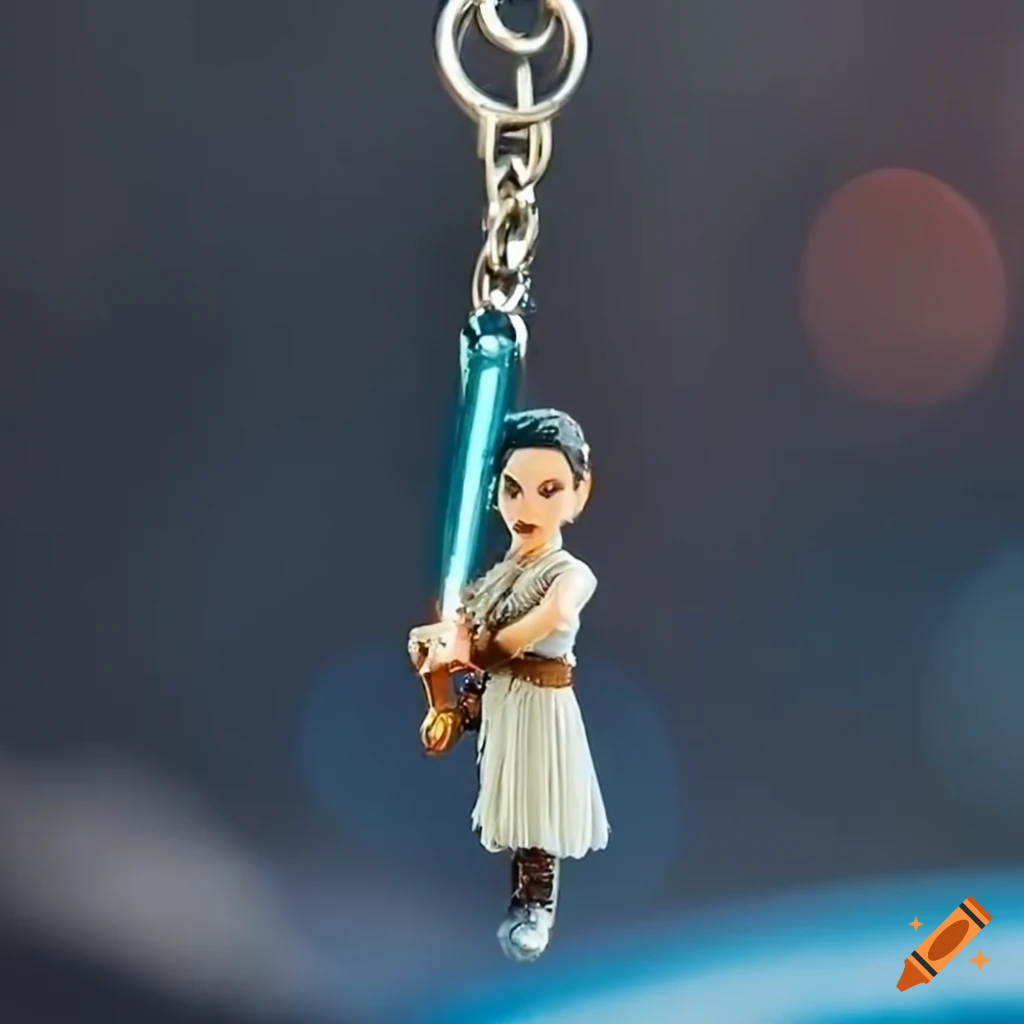 Miniature rey from star wars as keychain in macro photograph on Craiyon