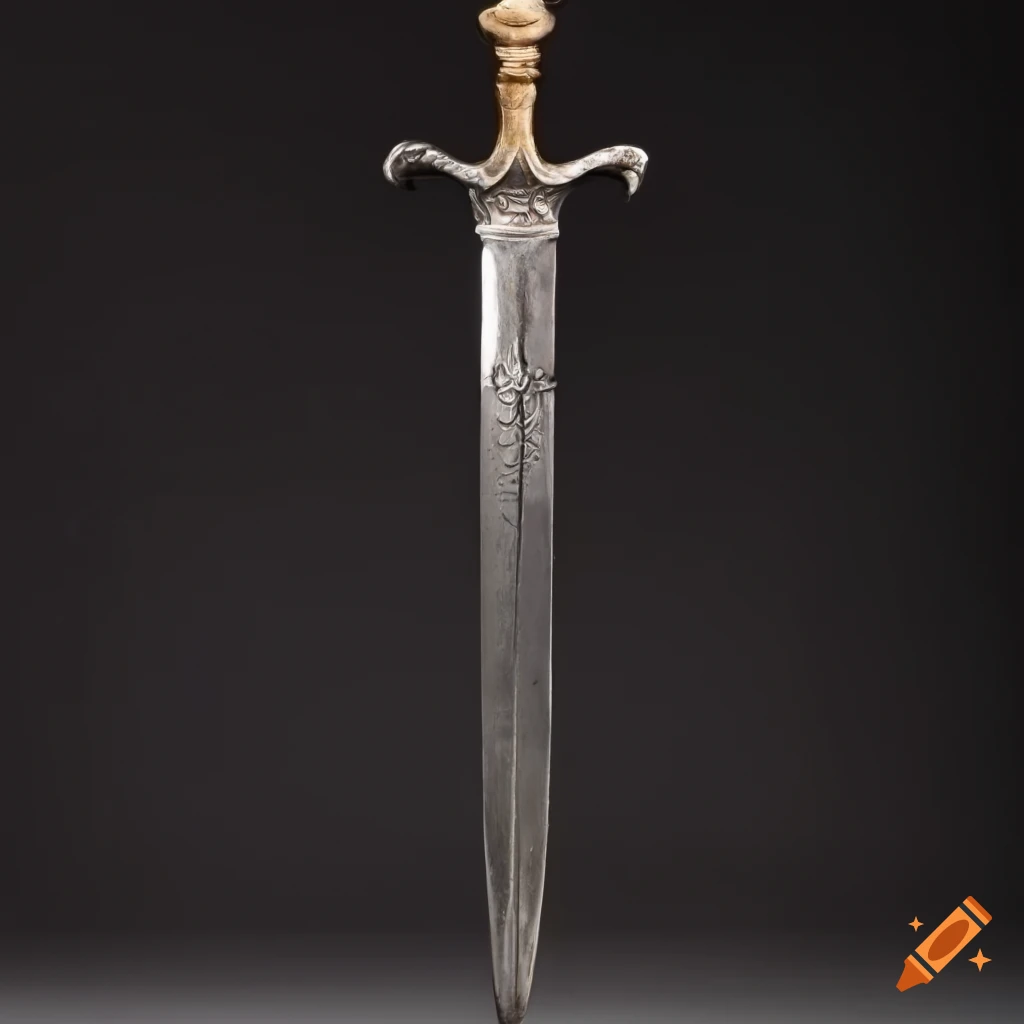 Ornate silver sword with wolf head pommel and curved cross guard on Craiyon