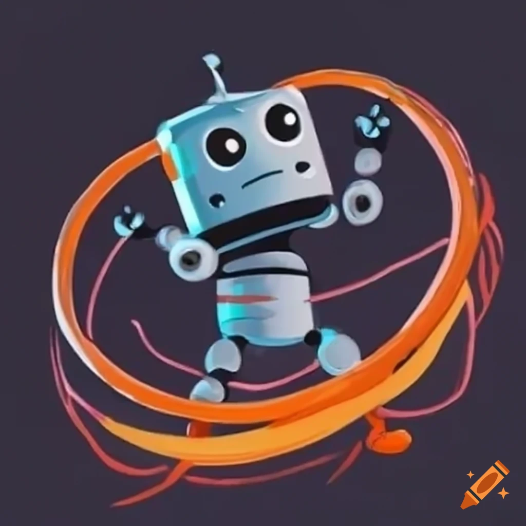 Cute robot spinning an orange hula hoop in vibrant background on Craiyon