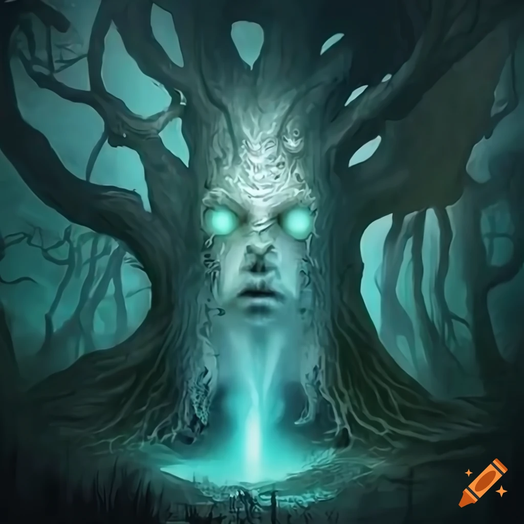 Tree-spirit fantasy design in sharp 8k resolution with white edges on ...