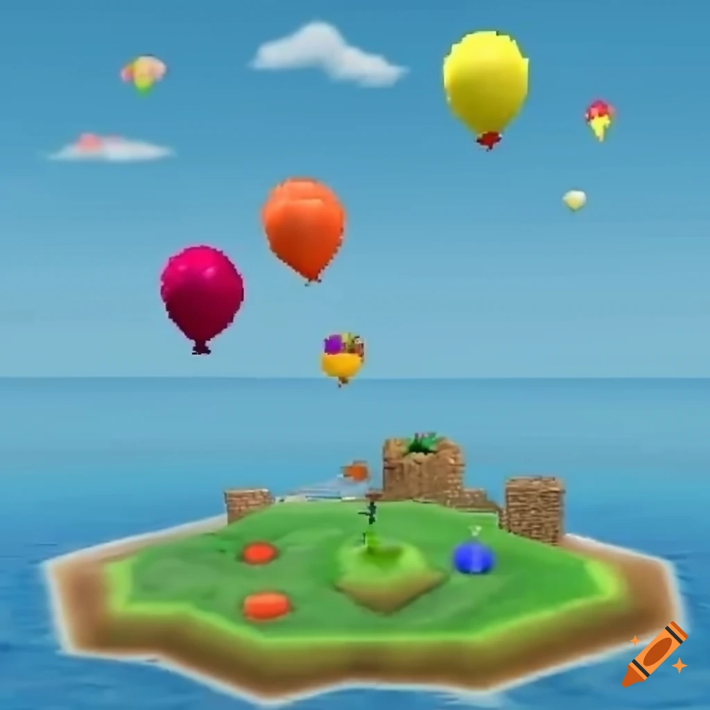 Colorful balloons floating over an island in a n64 game on Craiyon