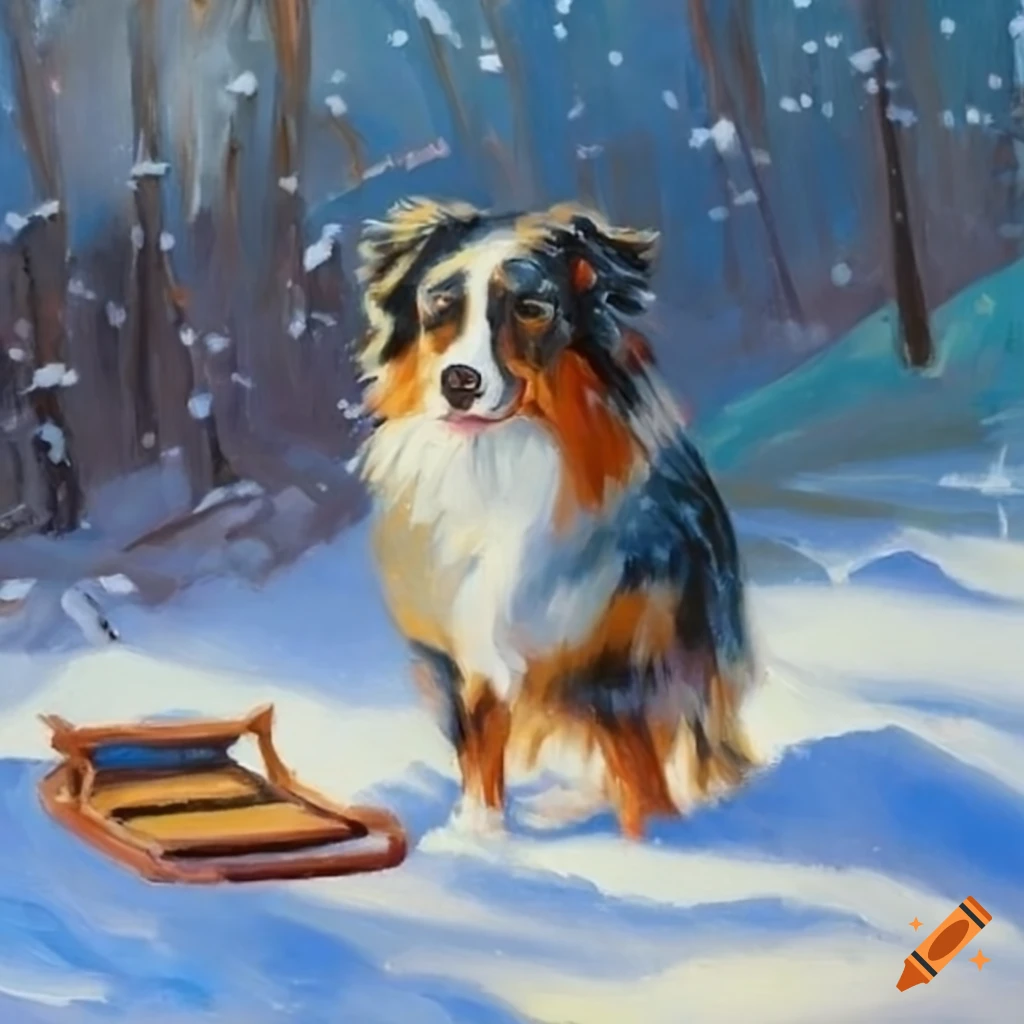 Australian shepard sledding in the snow - oil painting on Craiyon
