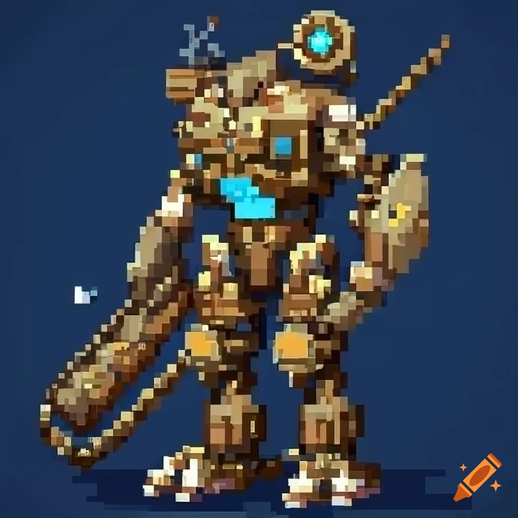 Pixel art of a steampunk mecha on Craiyon