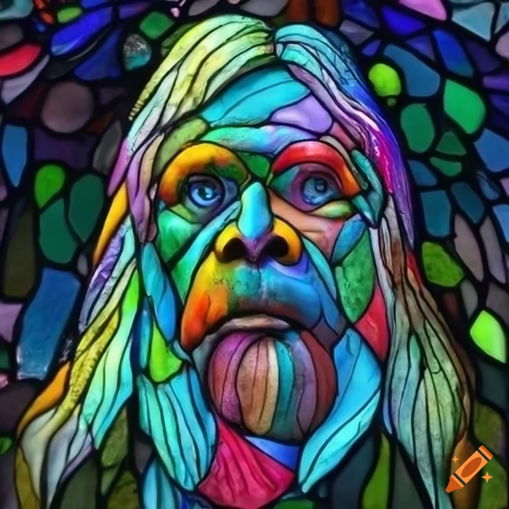 Friendly sasquatch celebrating nature through colorful stained glass ...
