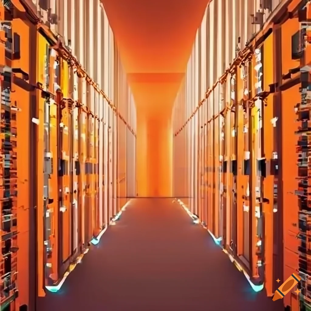 Orange datacenter with server room and plants on Craiyon