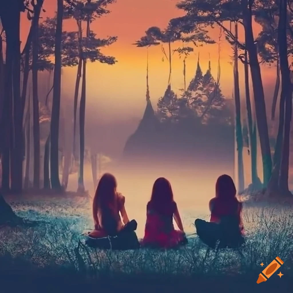 Magical forest at sunset with three girls enjoying the view on Craiyon