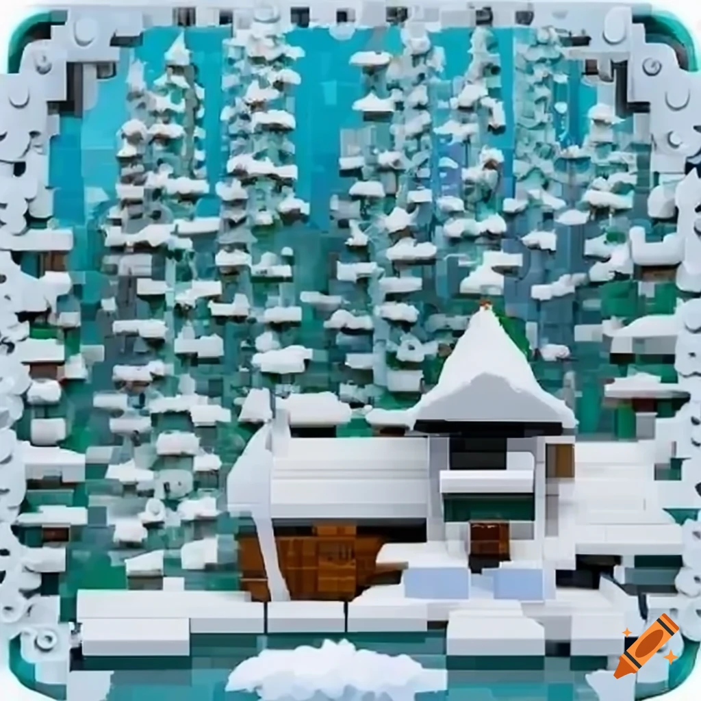 Lego style snowy forest background with falling snowflakes on Craiyon