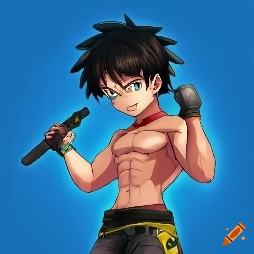 Pokemon trainer with black hair in a muscular pose on Craiyon