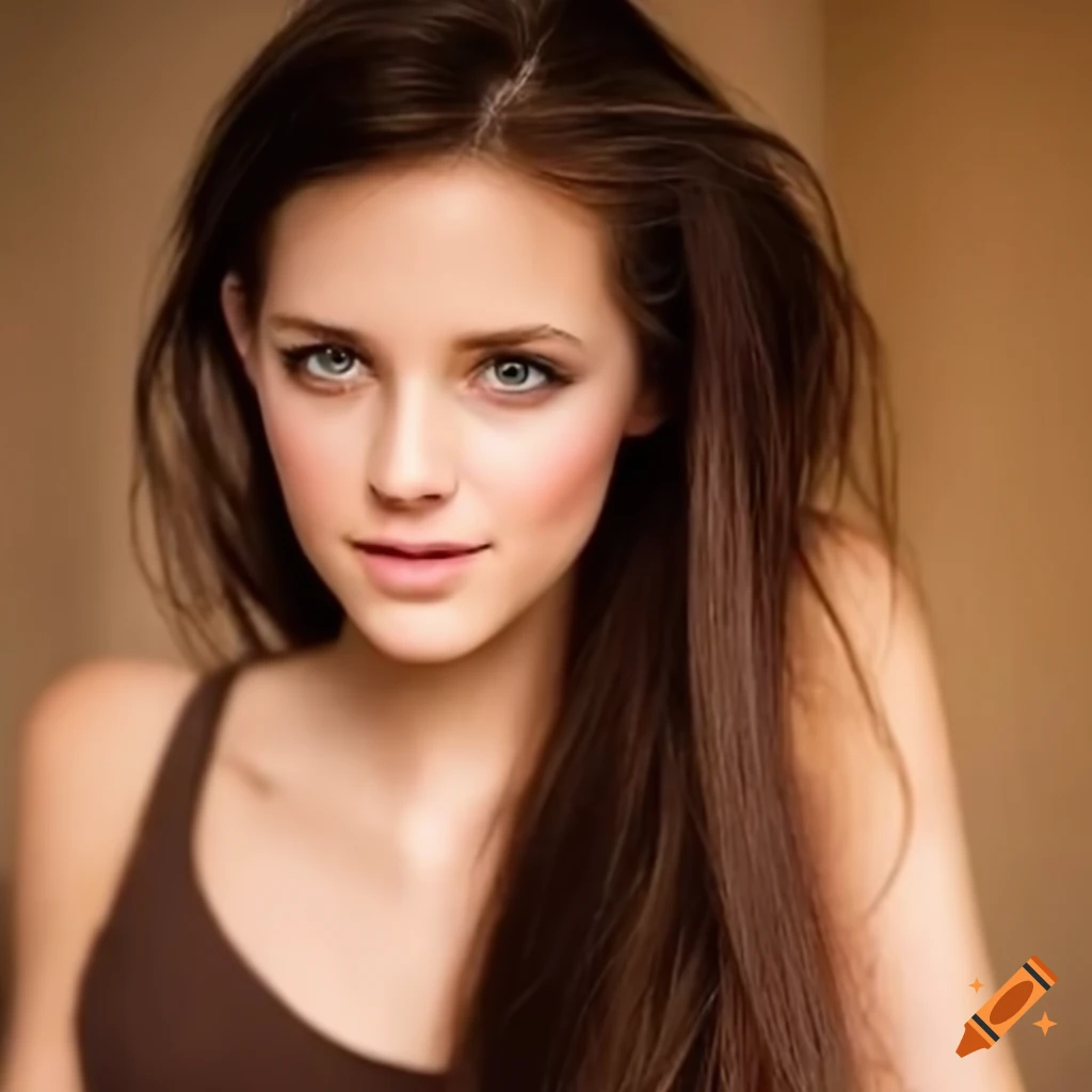 Woman with long, dark brown hair and bright hazel eyes on Craiyon