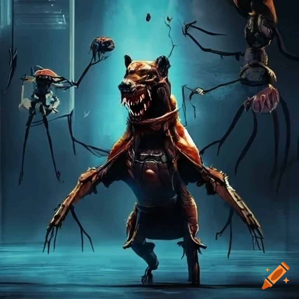 Movie poster of cyborg cockroach walking cerberus dog on Craiyon