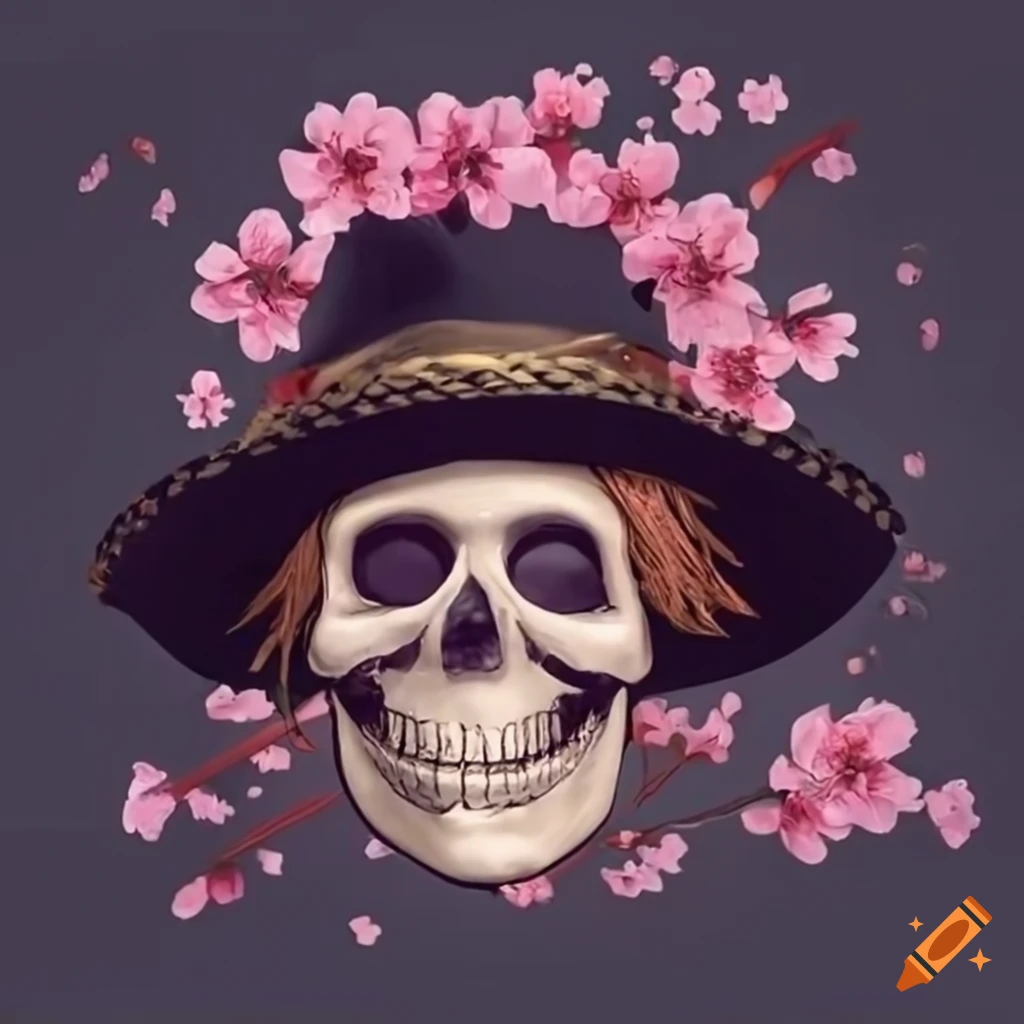 Smiling skeleton with cherry blossoms and fedora hat on Craiyon