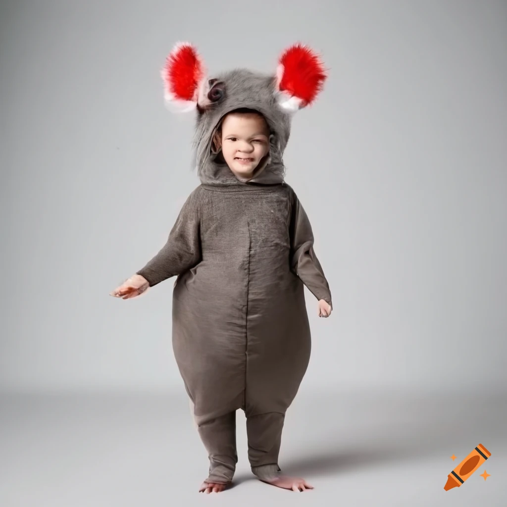Child in a costume of a gray rat with a remy snout-shaped headdress on ...