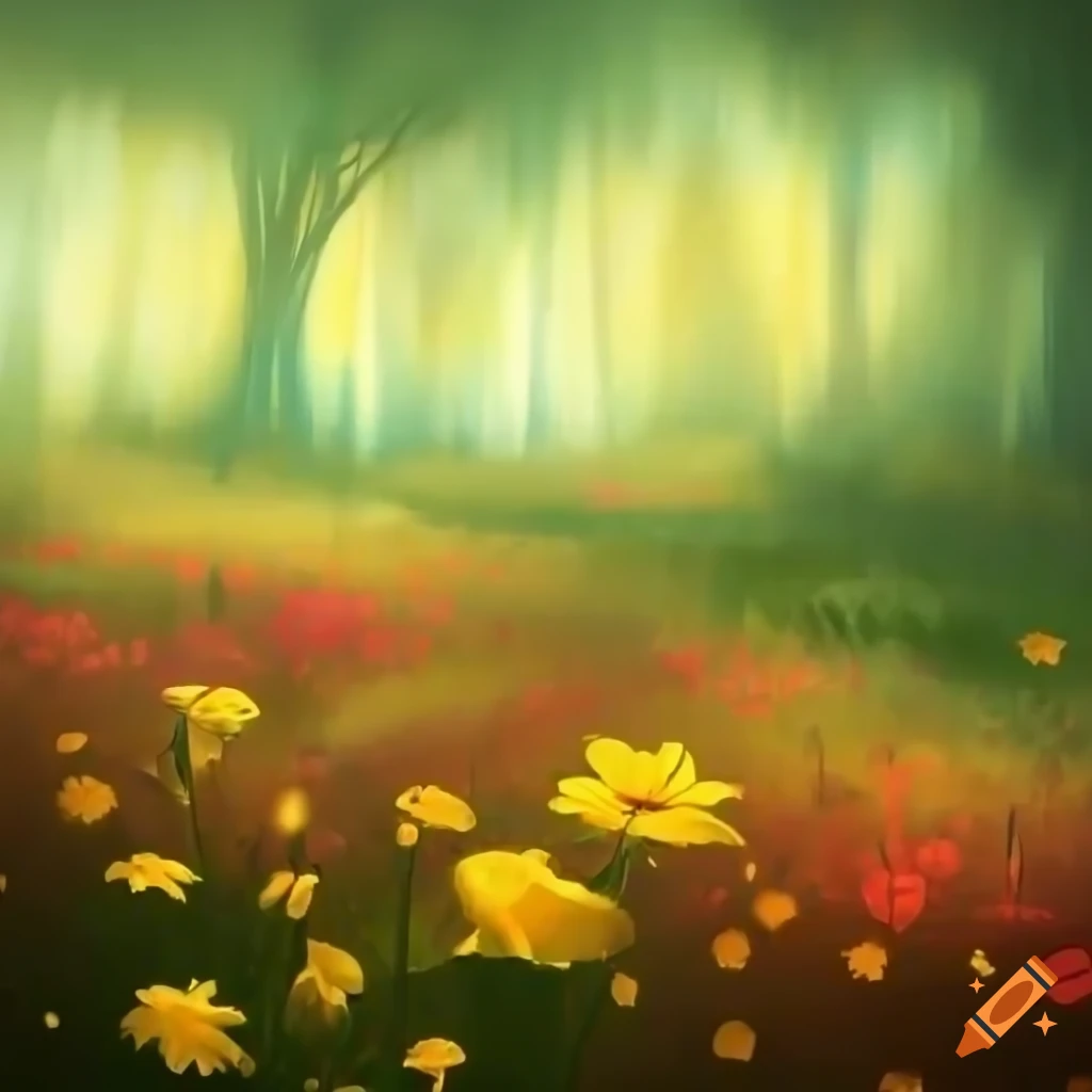 Highly detailed blooming flower-field surrounded by woods with warm ...