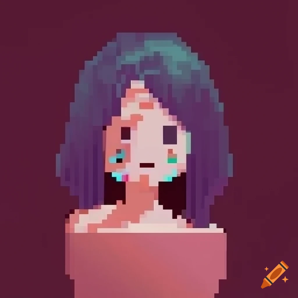 Abstract pixelated girl with a cute computer in Ghibli-inspired colors ...