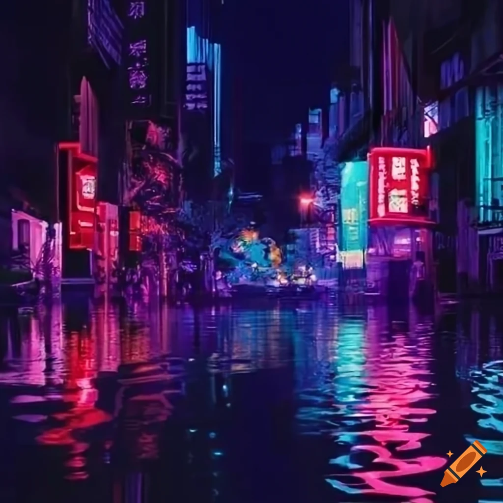 Japanese neon night time on the water on Craiyon