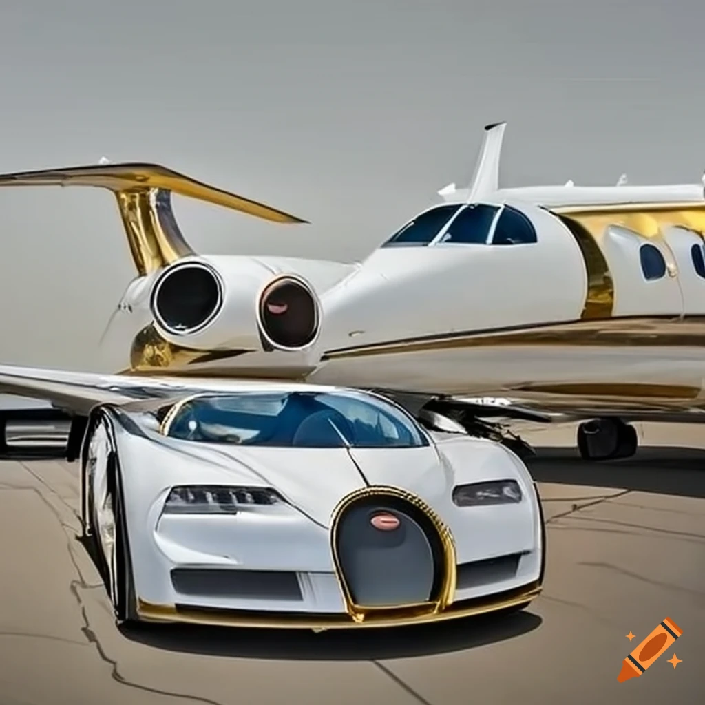 White and gold Bugatti parked next to a matching private jet on Craiyon