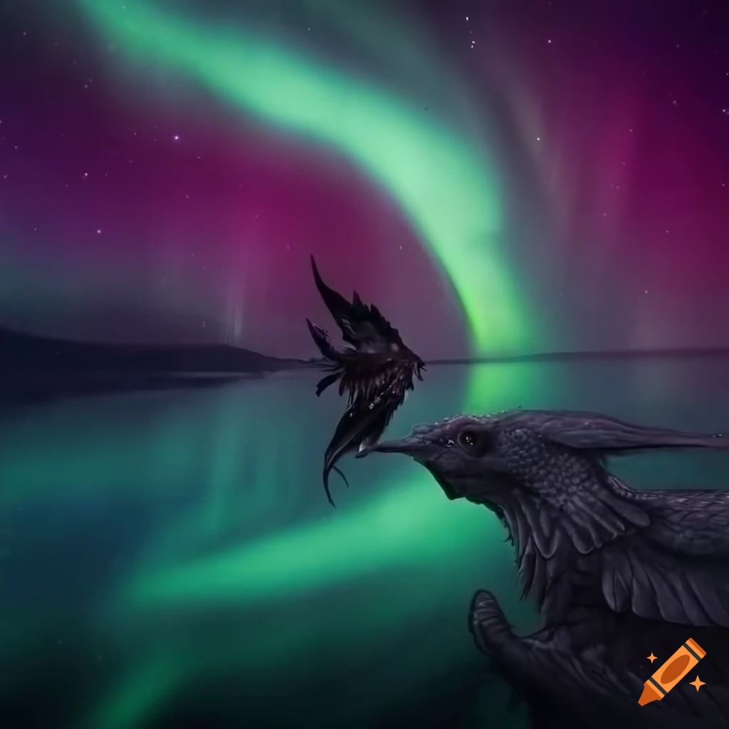 Silver dragon stretching its wings under the northern lights on Craiyon