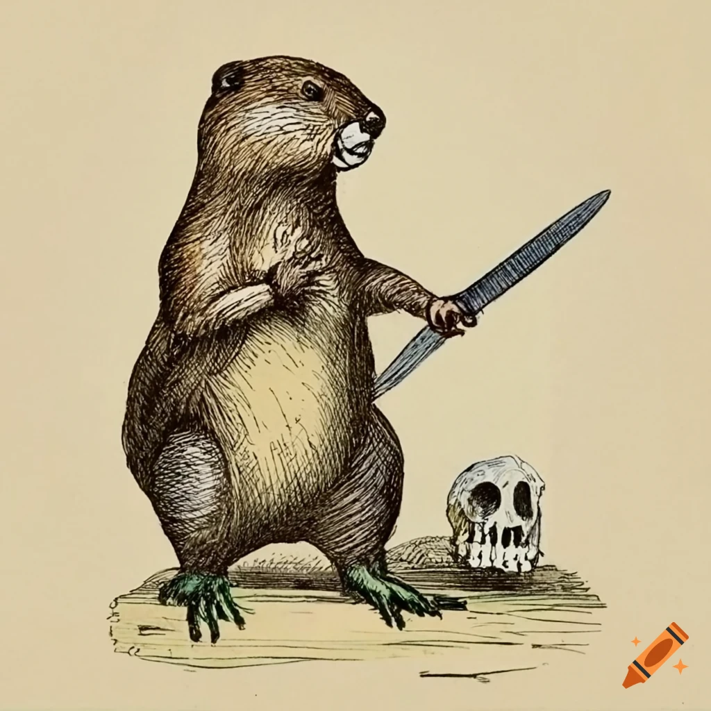 1800s sketch of a beaver holding a sword and a skull on Craiyon