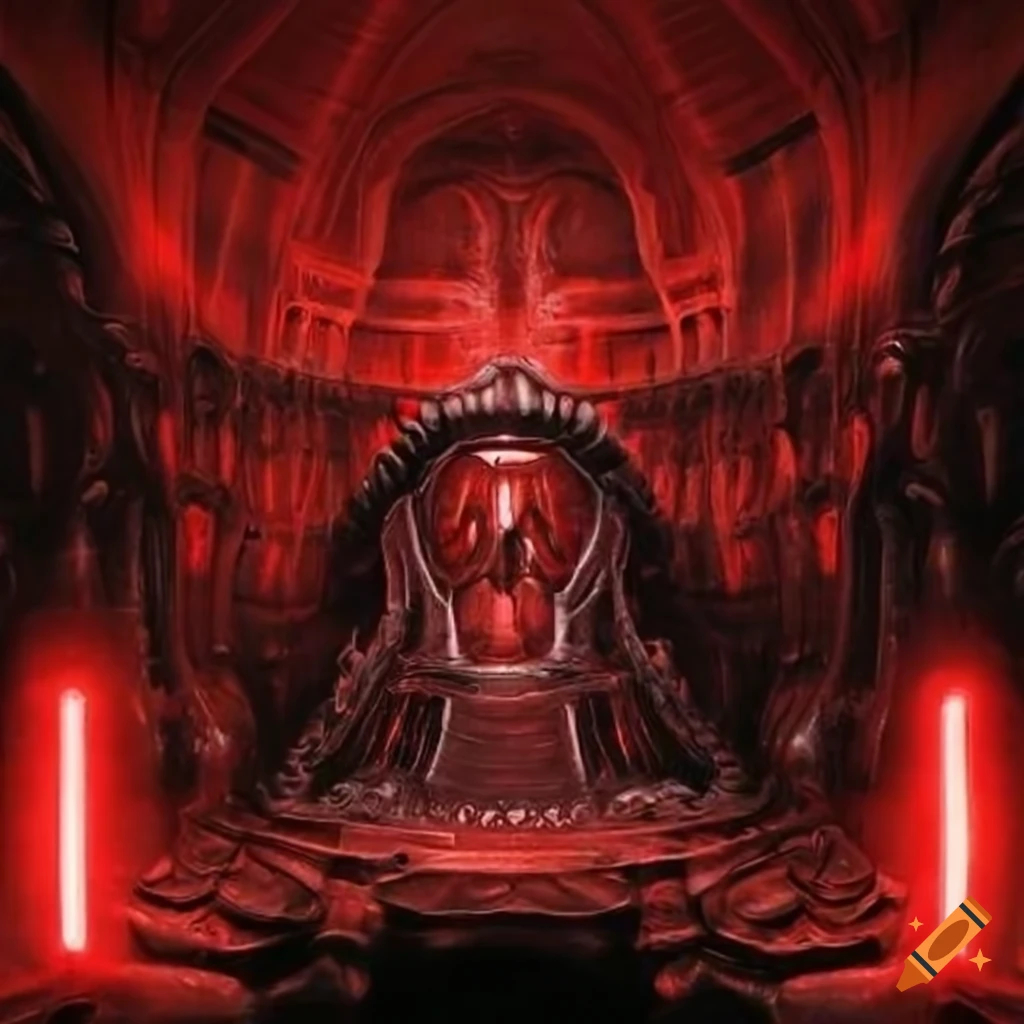 Dark and red glowing sith meditation chamber with a central throne on ...