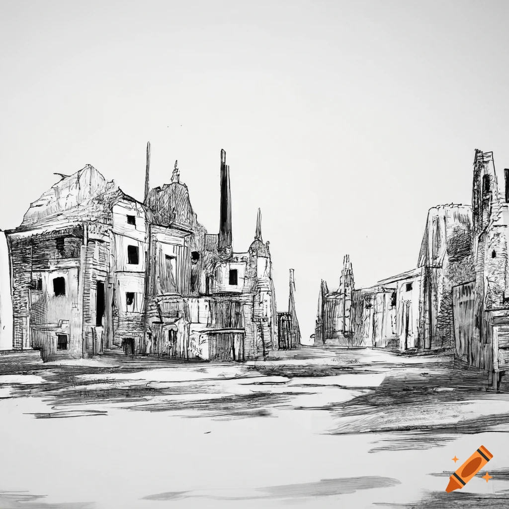 Abandoned town in pen and paper scratch drawing on Craiyon