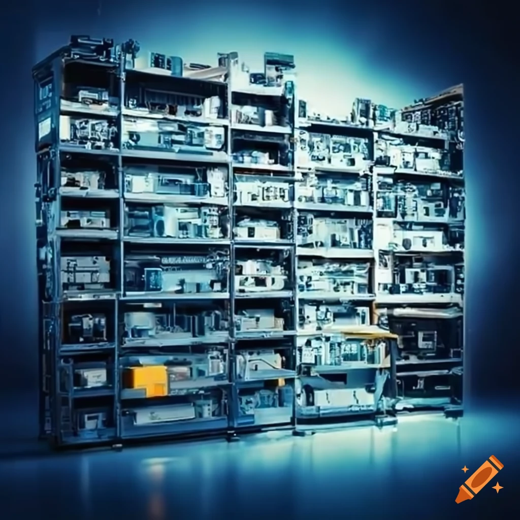 Computer repair shop storage full of computer parts boxes on Craiyon