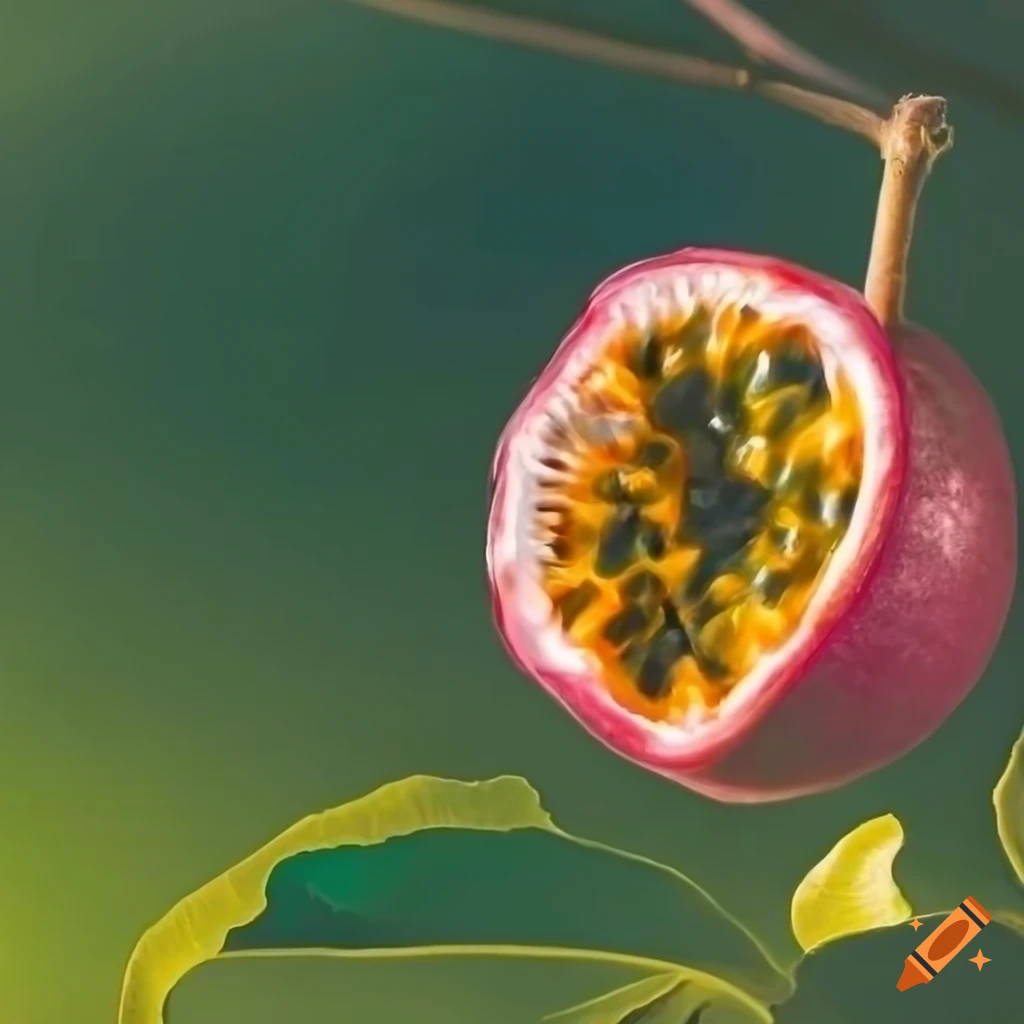 Passion fruit tree under a sunset sky with a light breeze on Craiyon