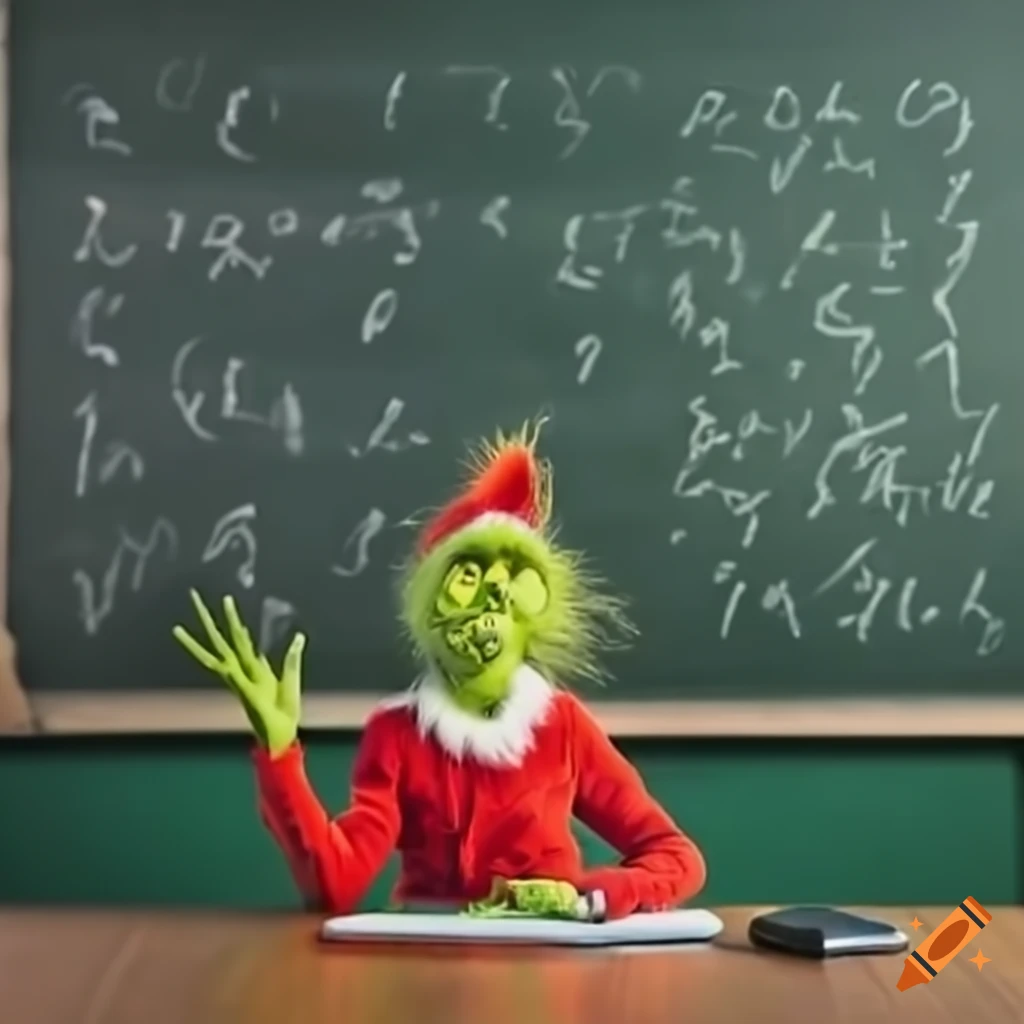 Grinch teaching mathematics in front of a blackboard full of formulas ...