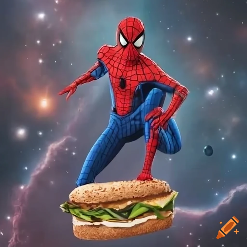 Spiderman flying in outer space eating a sandwich on Craiyon